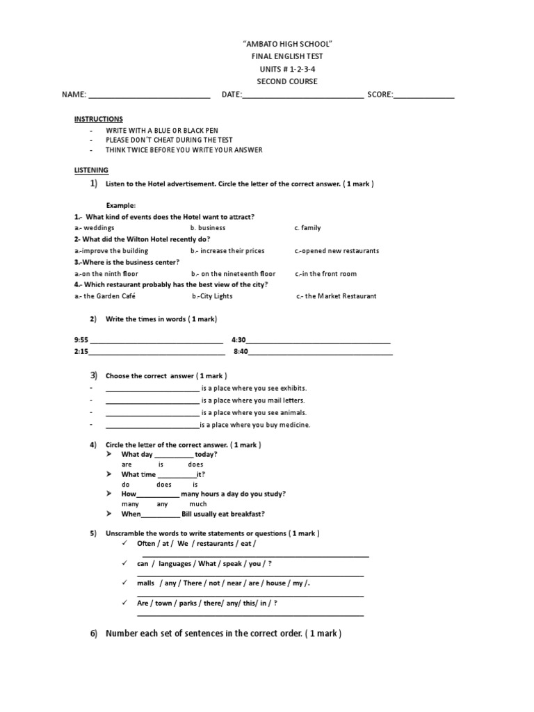 "Ambato High School" Final English Test UNITS # 1-2-3-4 Second Course ...