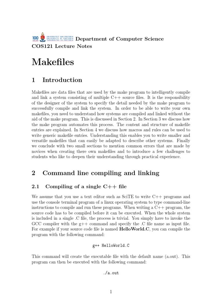 Makefiles: Department of Computer Science COS121 Lecture Notes | PDF ...