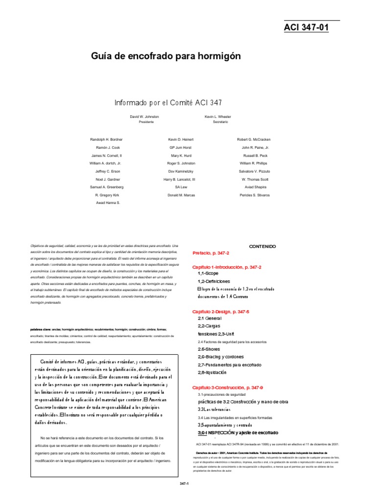 Guía ACI 347-01: Encofrado de Hormigón | PDF | Diseño | Ingeniería