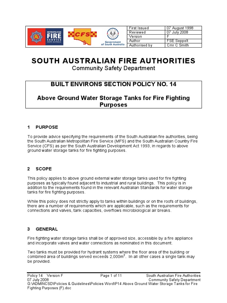 Fire Services Policy 0014 Above Ground Water Storage For Fire Fighting ...