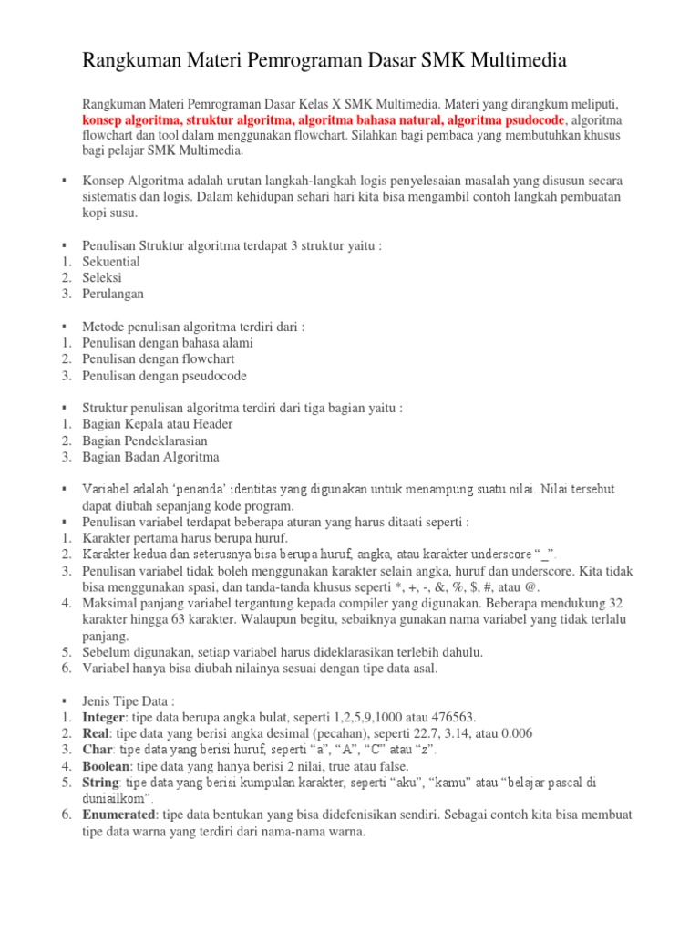 Rangkuman Materi Pemrograman Dasar SMK Multimedia | PDF