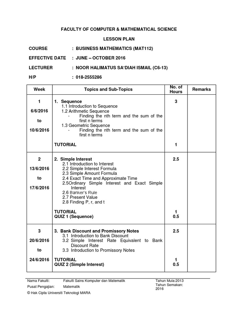 Lesson Plan Mat112 | PDF | Present Value | Compound Interest