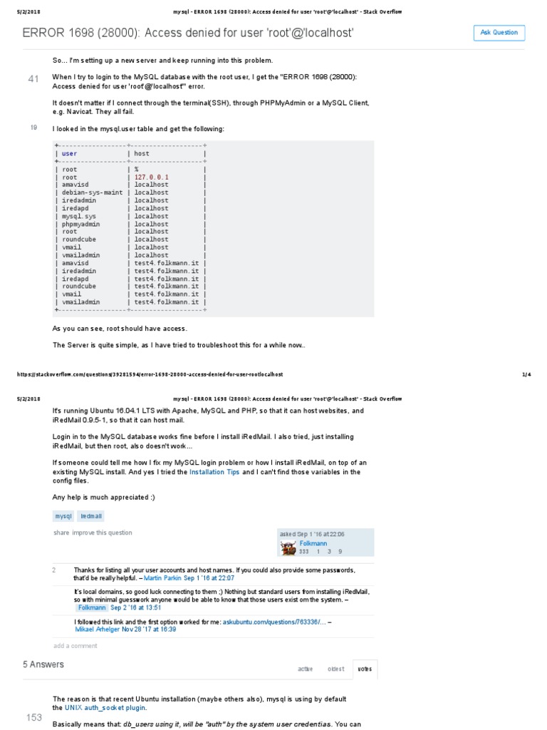 Mysql Mariadb Error 1698 28000 Access Denied For User Root Localhost Stack Overflow