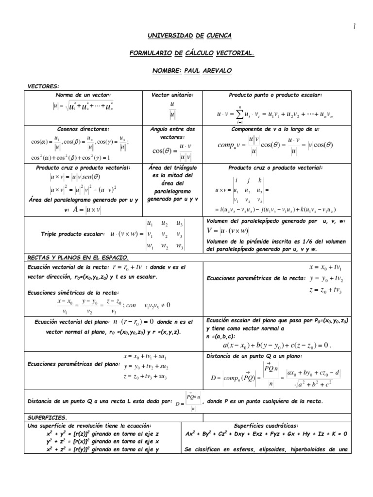 Formulario Calculo Vectorial | PDF | Aceleración | Vector Euclidiano