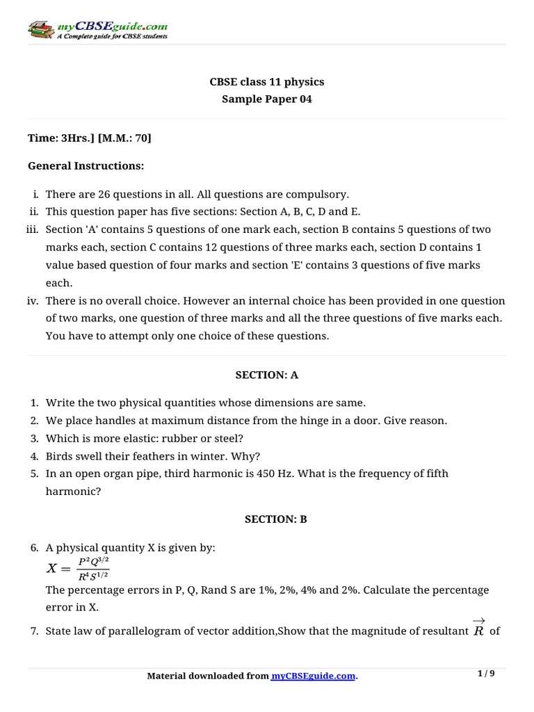 11 Physics Sample Paper 4 | PDF | Surface Tension | Gases