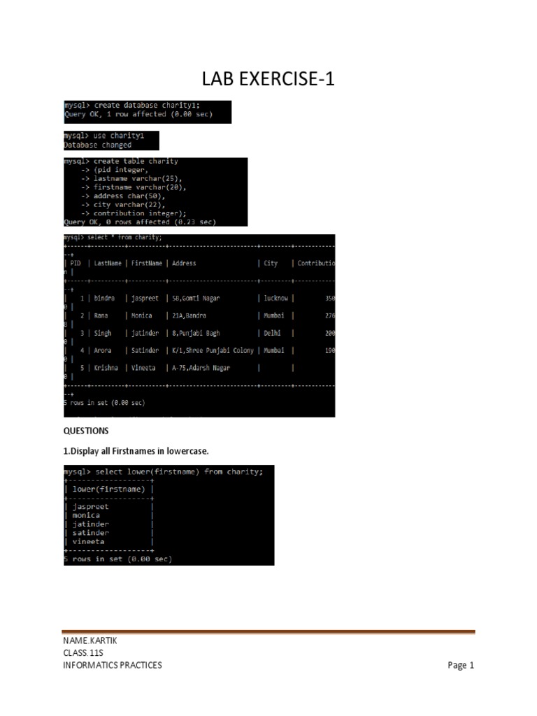 Lab Exercise of Class 11 IP Mysql | PDF