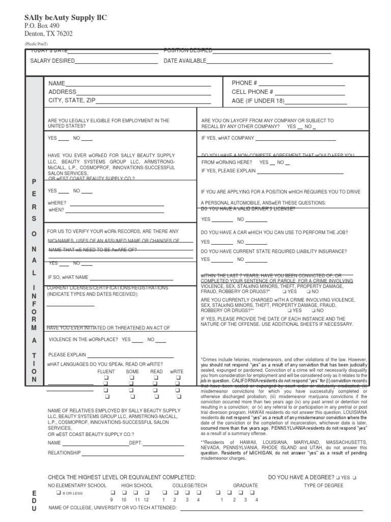 Sally Beauty Supply Job Application | PDF | Employment | Criminal Justice