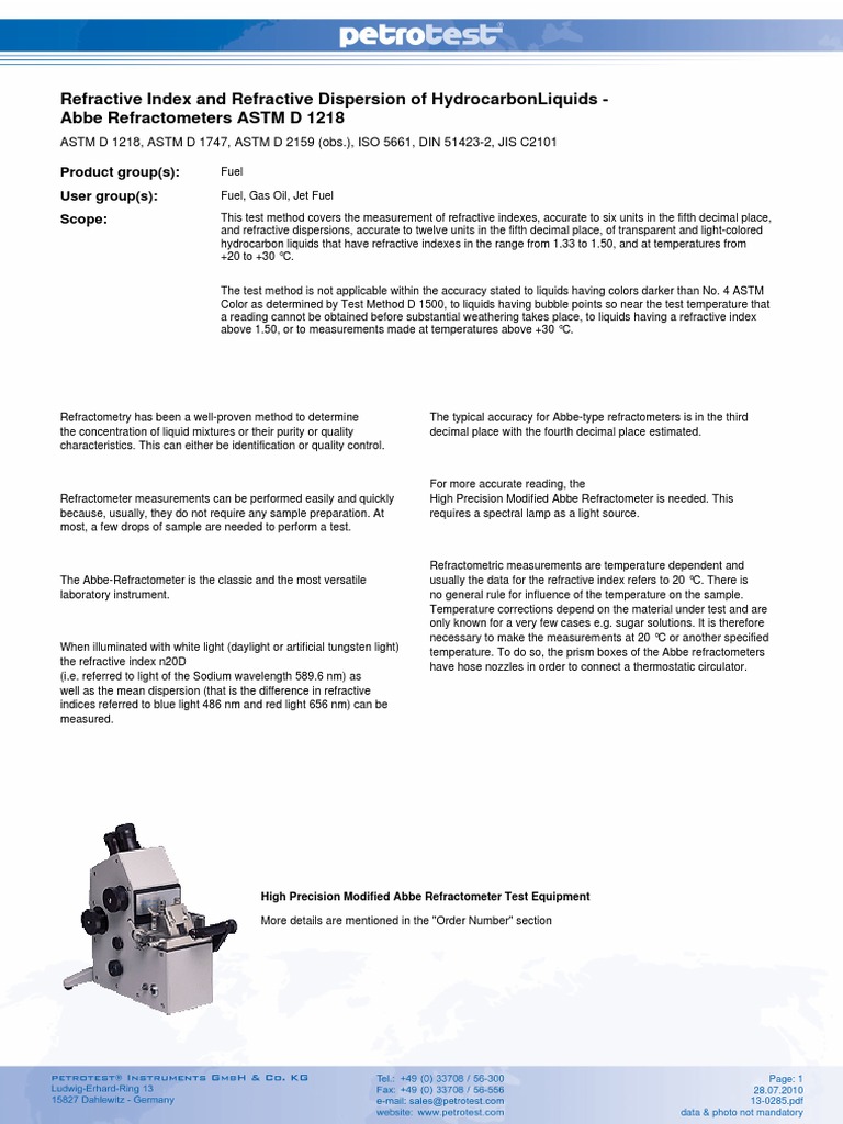 Petrotest Product 13-0285 en | PDF | Refractive Index | Electromagnetic ...