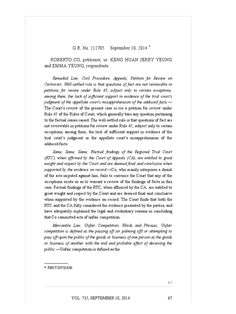 G.R. No. 212705. September 10, 2014. Roberto Co, Petitioner, vs. Keng ...