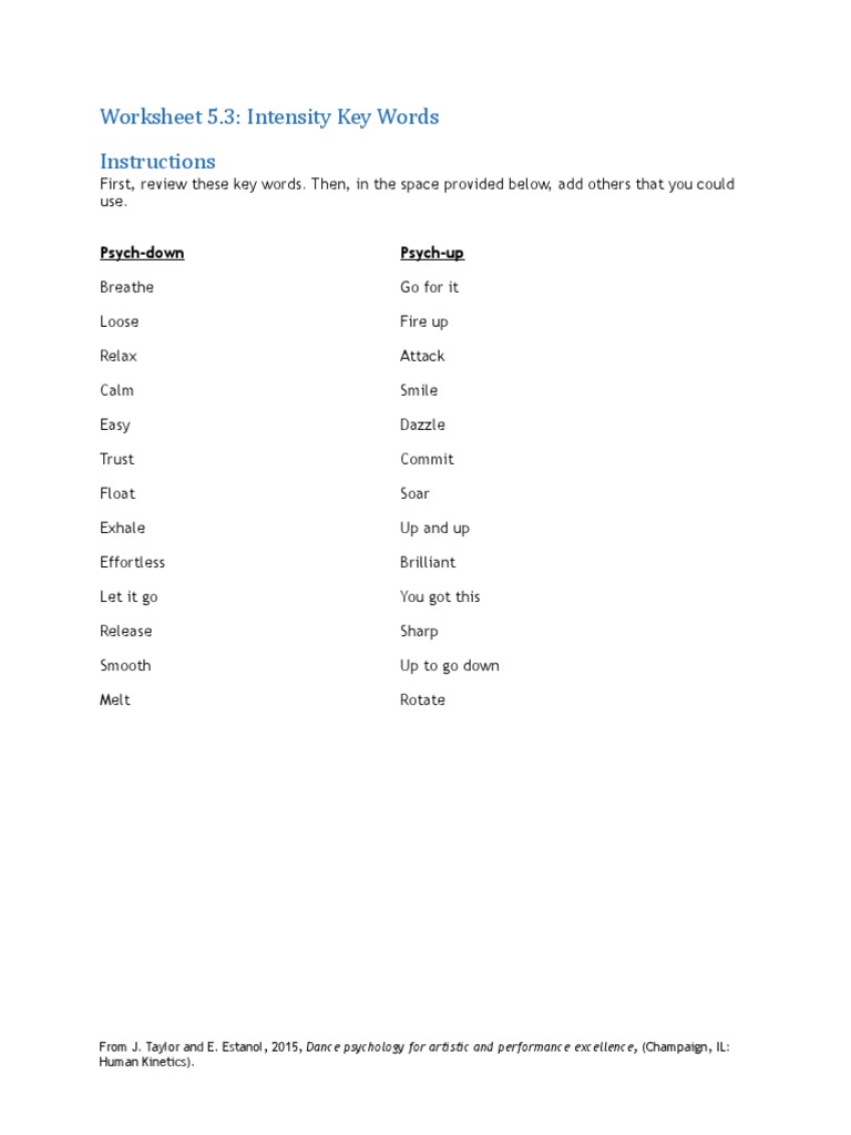 Worksheet 5.3: Intensity Key Words Instructions: Psych-Down Psych-Up ...