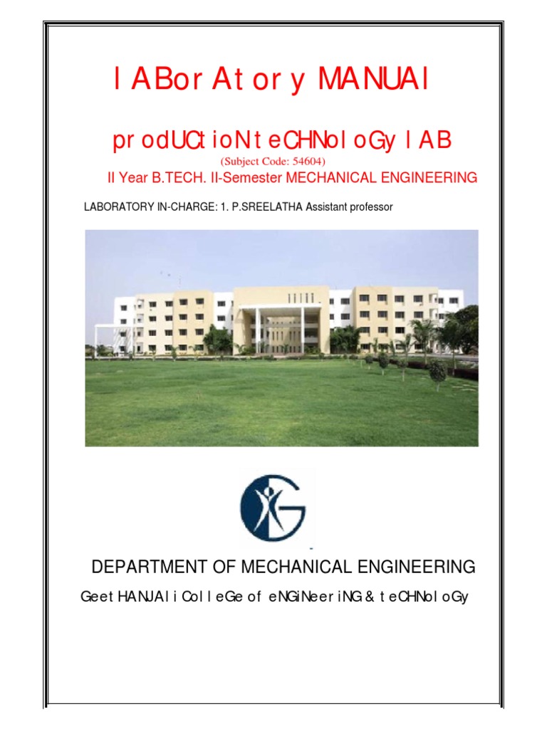 Laboratory Manual: Production Technology Lab | PDF | Casting ...