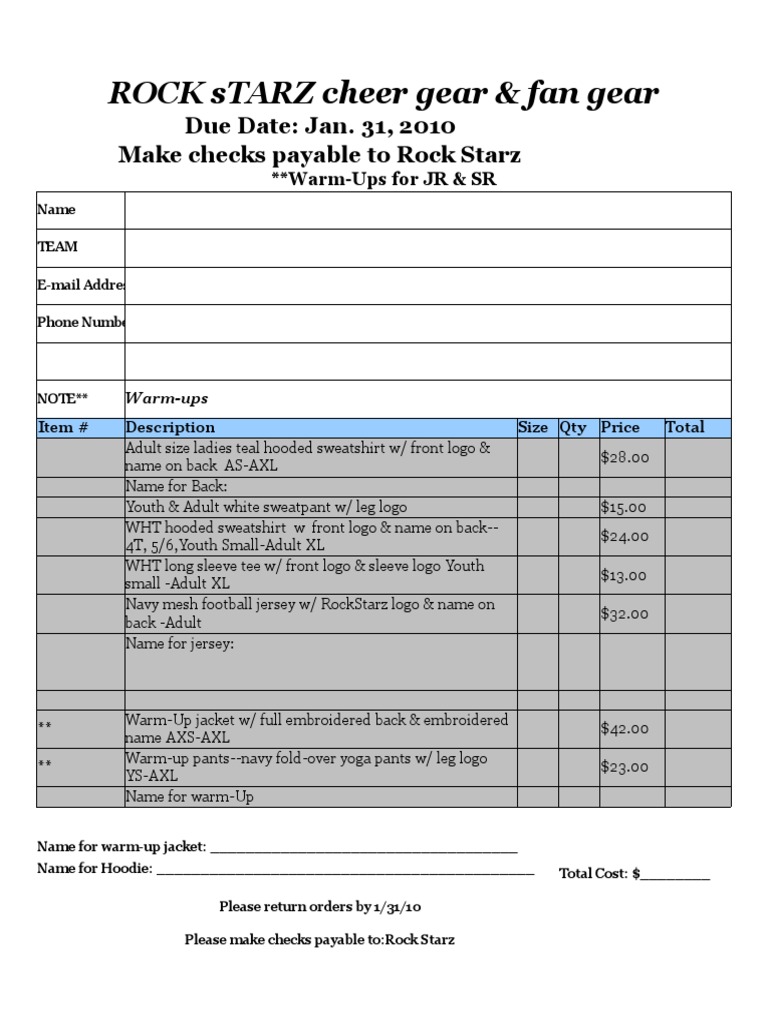 Rock Starz Cheer Gear Order Form | PDF