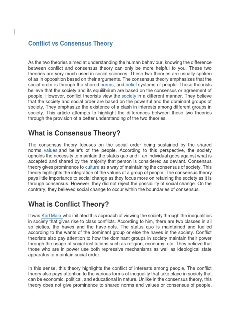Conflict Vs Consensus Theory | PDF | Society | Scientific Theories