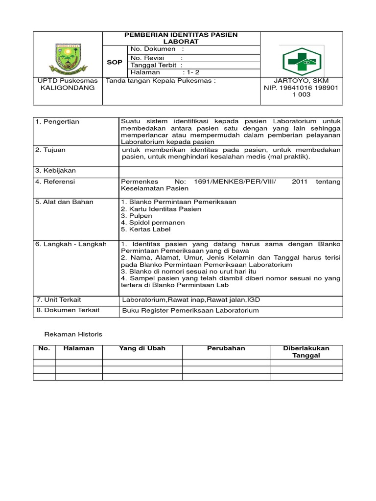 Sop - Pemberian Identitas Pasien | PDF