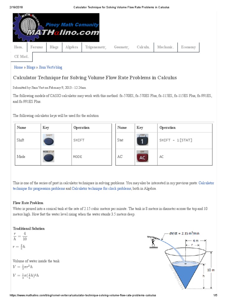 Calculator Technique For Solving Volume Flow Rate Problems in Calculus ...