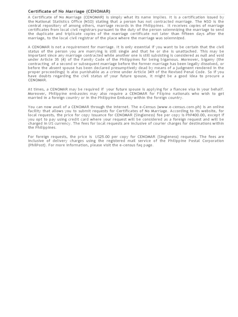 Certificate of No Marriage | PDF | Marriage | Government