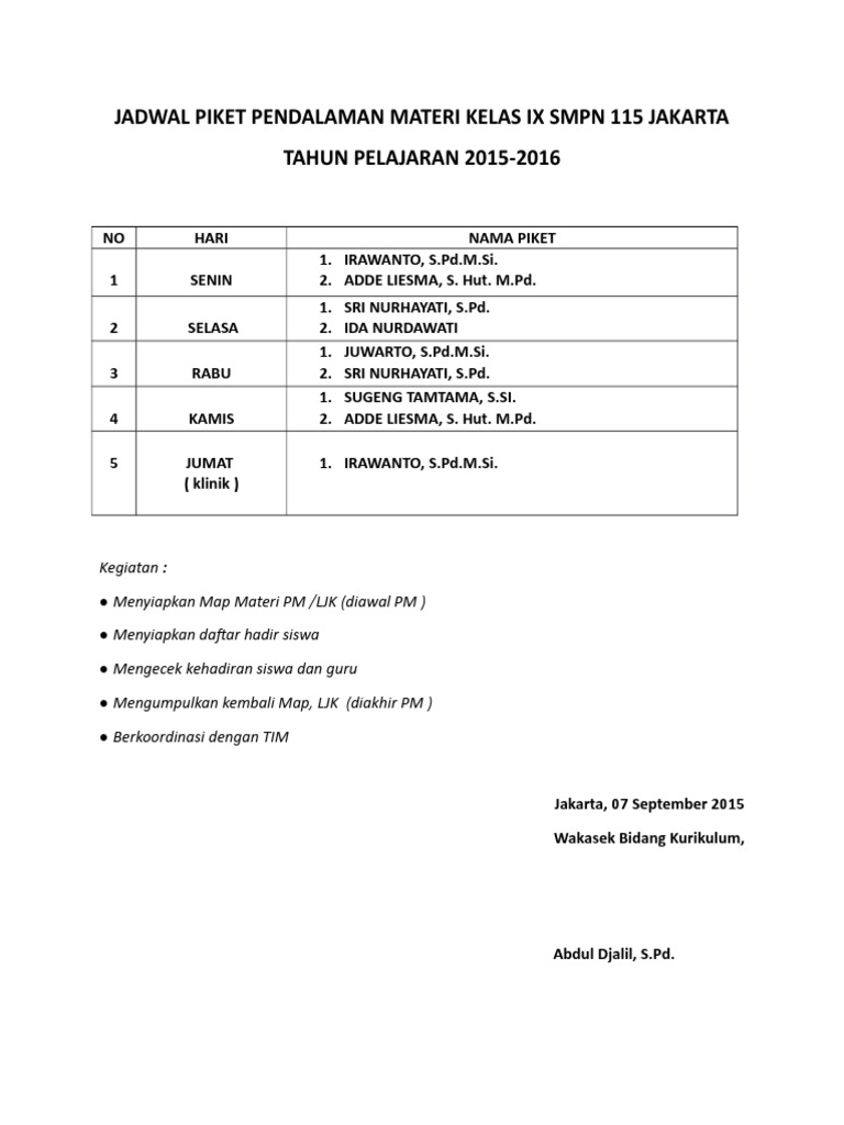 Jadwal Piket Pendalaman Materi Kelas Ix SMPN 115 Jakarta | PDF