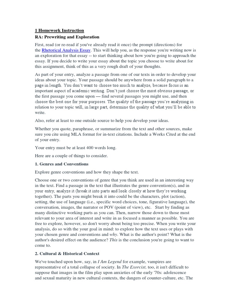 Rhetorical Analysis Essay: 1 Homework Instruction RA: Prewriting and ...