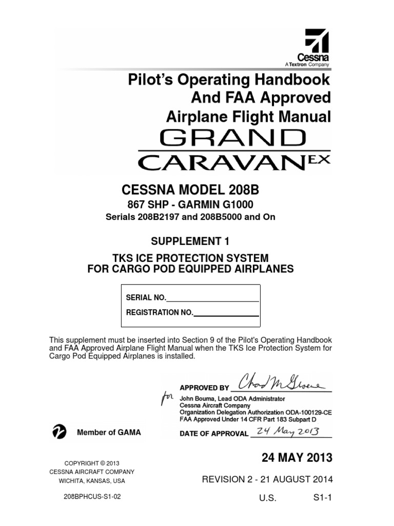 Pilot's Operating Handbook & FAA Approved Airplane Flight Manual For Cessna Grand Caravan EX ...
