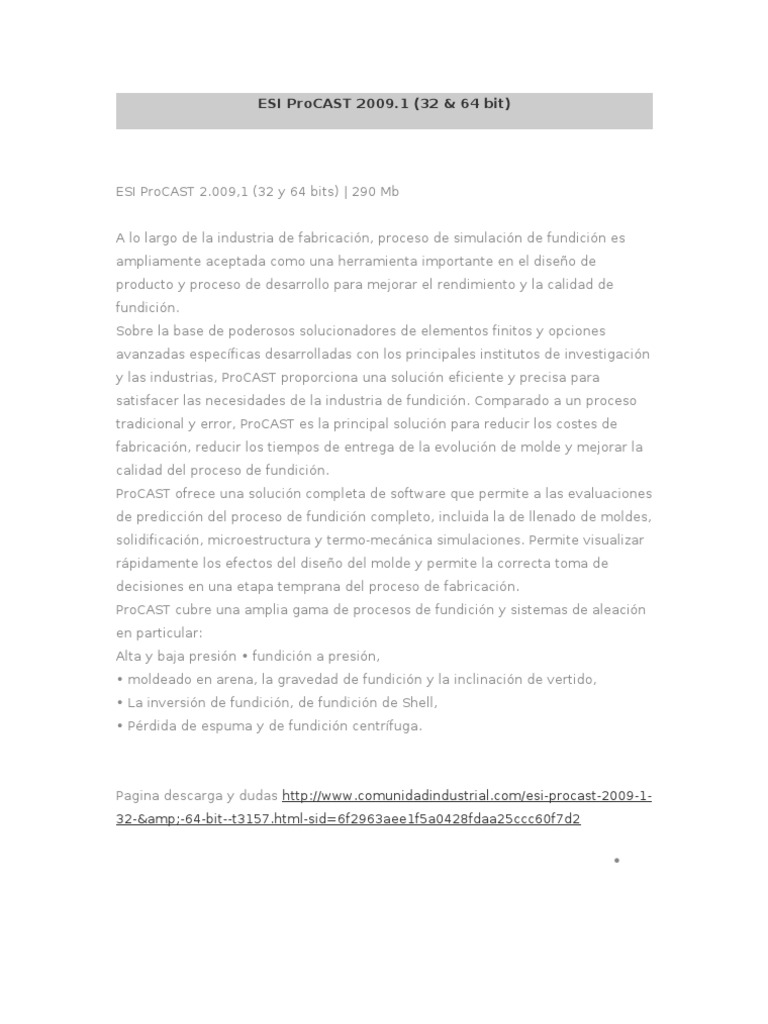ESI ProCAST 2009.1 (32 & 64 Bit) | PDF | Fundición (metalurgia) | Software