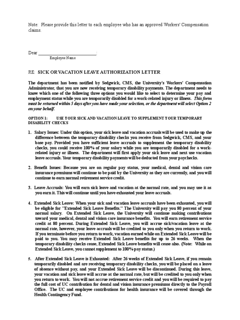 Sick Vacation Leave Authorization Letter | PDF | Sick Leave | Employee ...