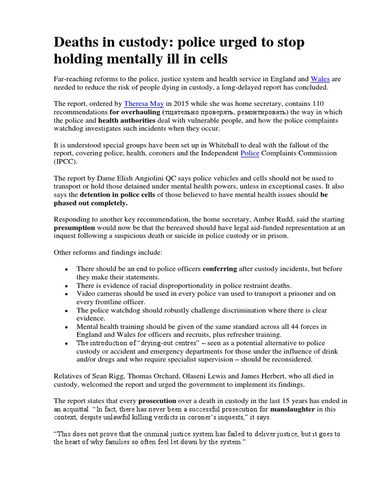 Deaths in Custody Police Urged To Stop Holding Mentally Ill in Cells ...
