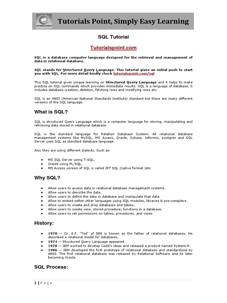 SQL Tutorial PDF | PDF | Relational Database | Sql SQL Tutorial PDF | PDF | Relational Database | Sql