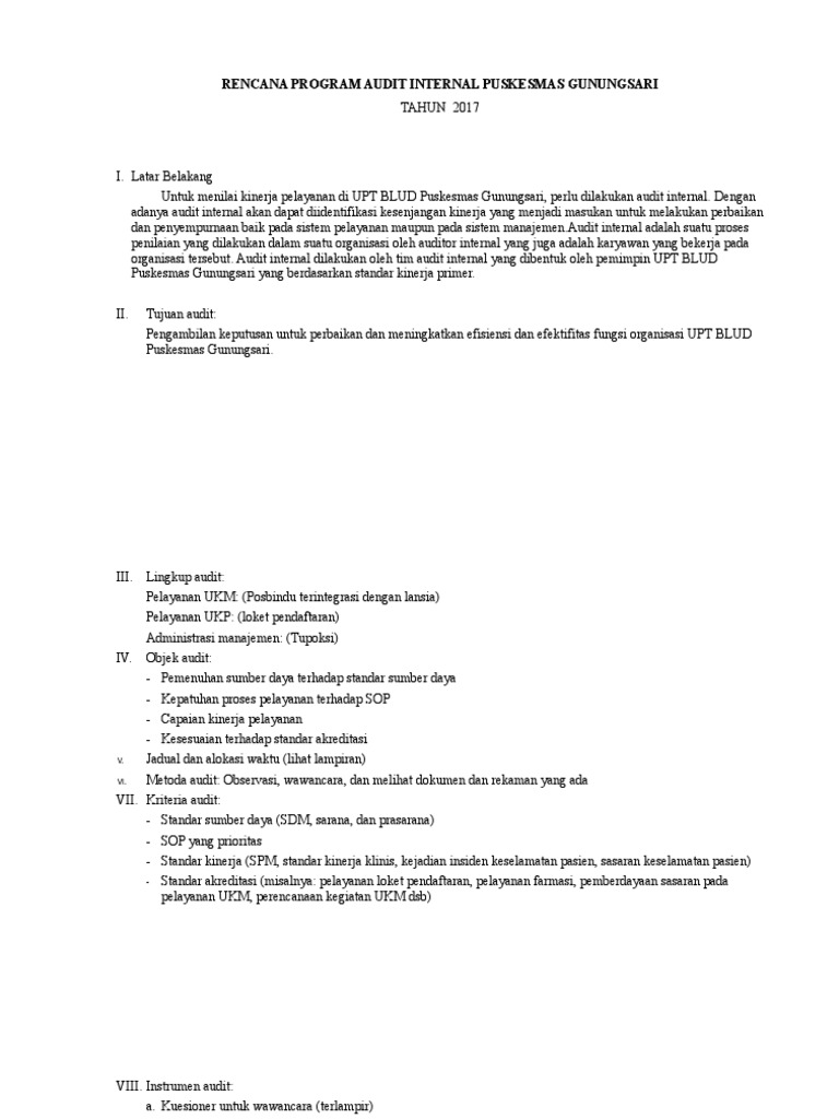 Contoh Rencana Audit Internal Puskesmas | PDF | Bisnis | Pengelolaan ...
