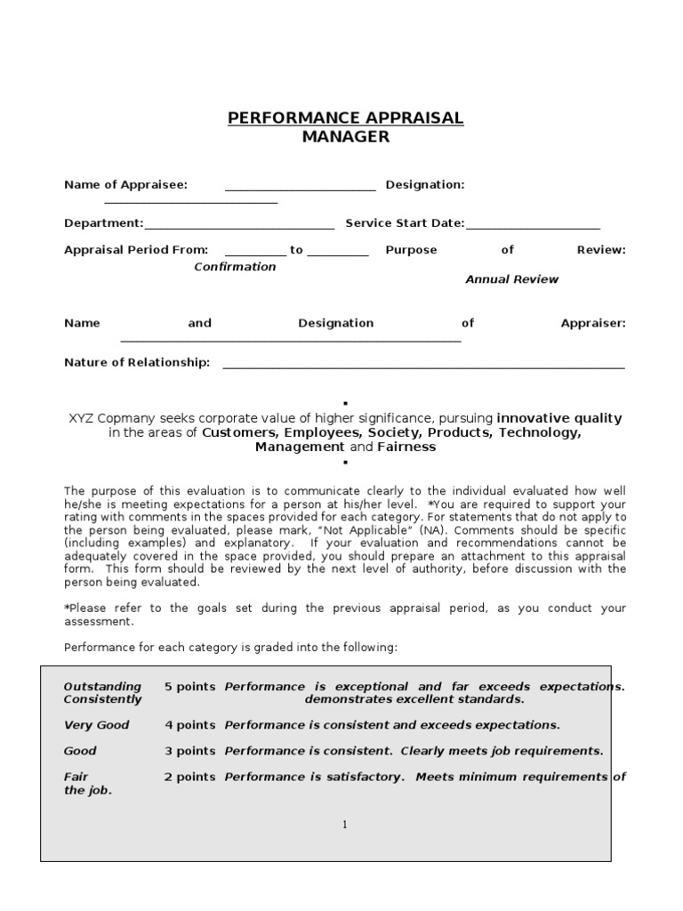 Performance Appraisal Form For Manager | PDF | Performance Appraisal ...