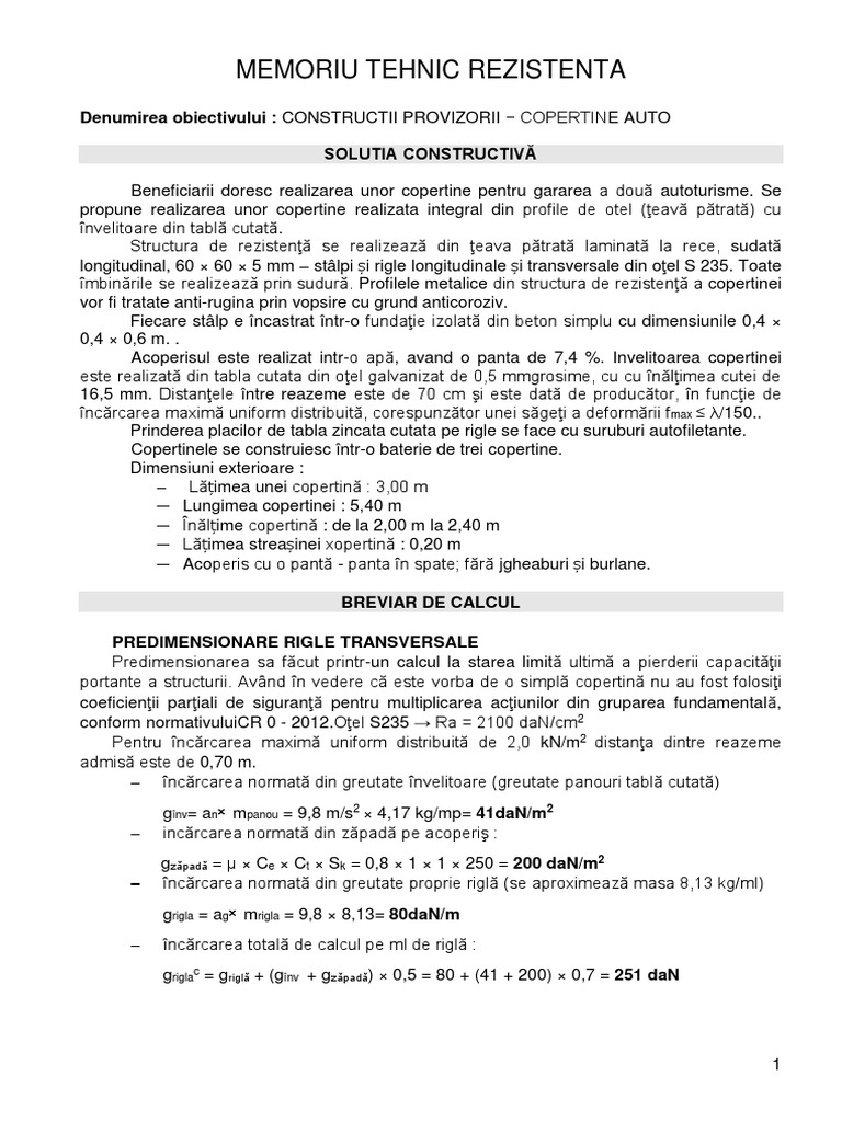 MEMORIU TEHNIC Rezistenta Copertina 2018 Scribd | PDF