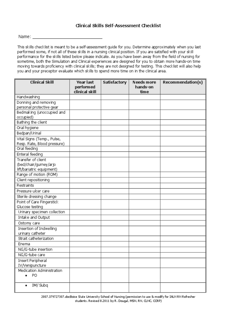 Nursing Skills Self-Assessment Checklist | PDF | Catheter | Nursing