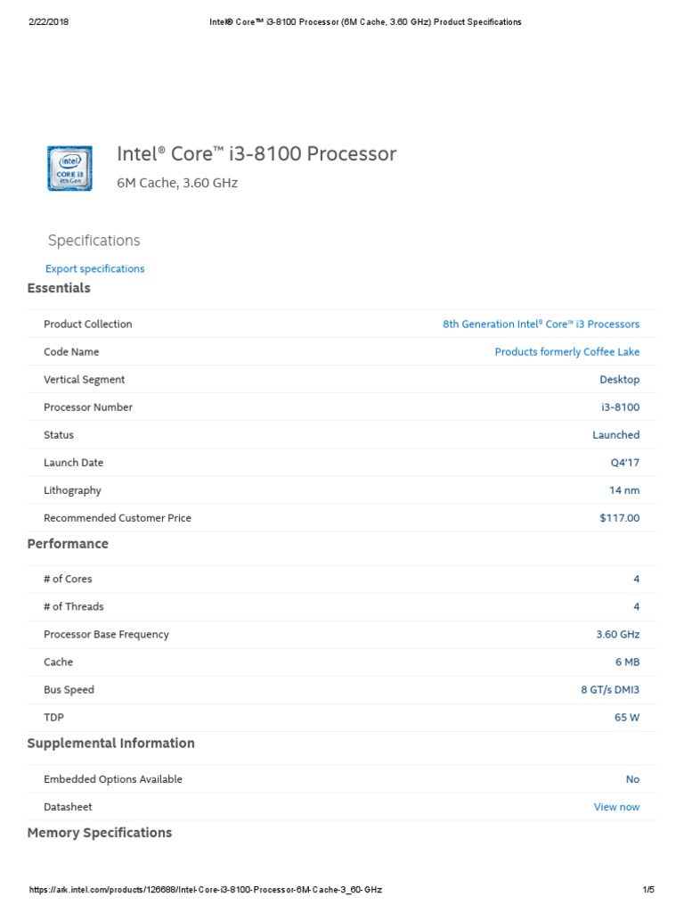 Intel® Core™ i3-8100 Processor (6M Cache, 3.60 GHz) Product Specifications | PDF | Intel ...