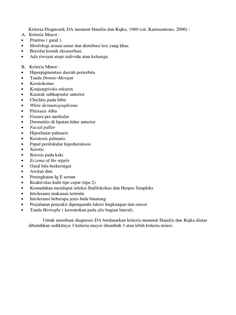 Kriteria Diagnostik DA Menurut Hanifin Dan Rajka | PDF