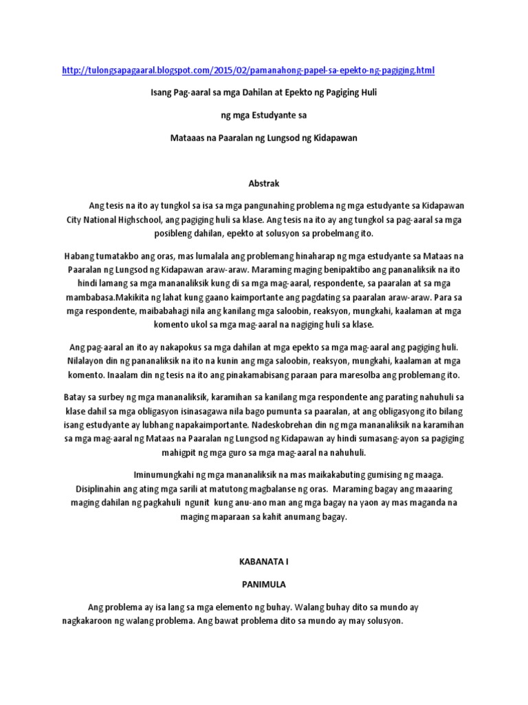 Sang Pag-Aaral Sa Mga Dahilan at Epekto NG Pagiging Huli | PDF
