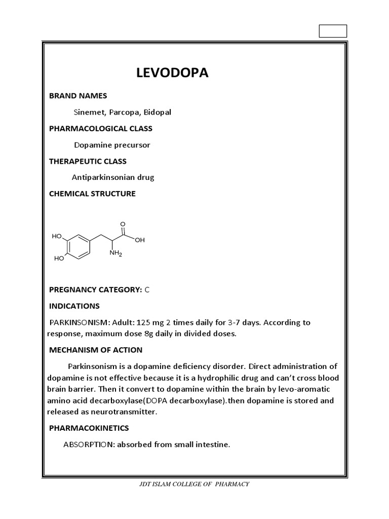 Levodopa: Brand Names Sinemet, Parcopa, Bidopal Pharmacological Class | PDF
