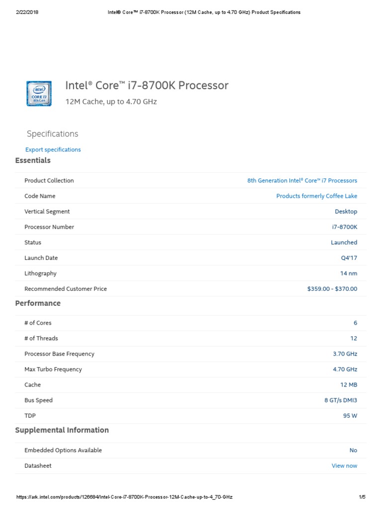 Intel® Core™ I7-8700k Processor (12M Cache, Up To 4.70 GHZ) Product ...