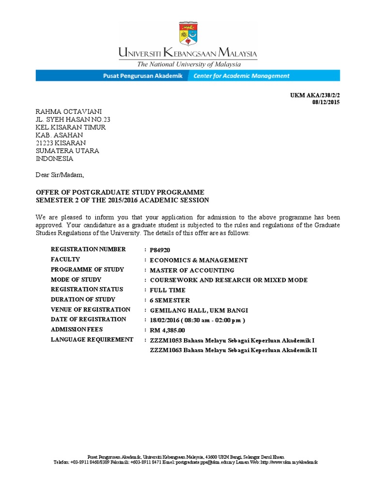 1) Offer Letter From UKM | PDF | Postgraduate Education | Academia