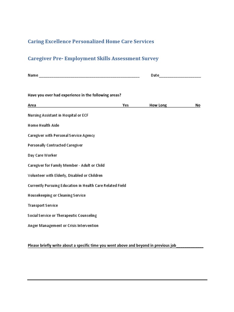 Caregiver Skills Checklist Caregiver Health Care