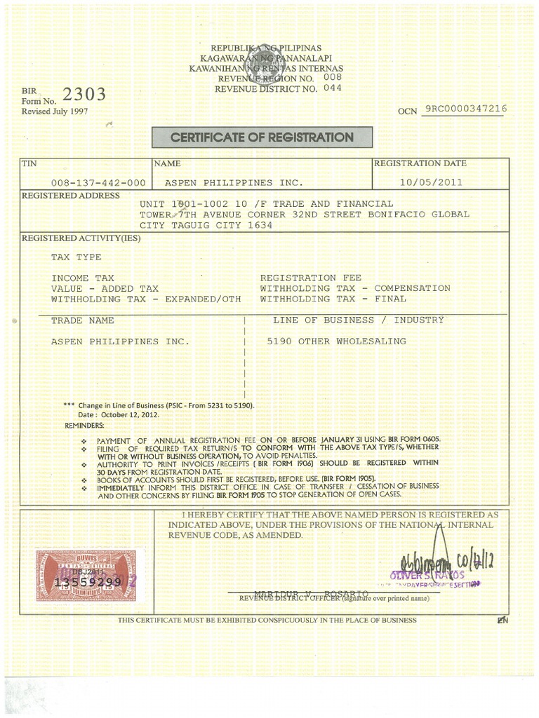 2017 BIR Cert of Registration | PDF