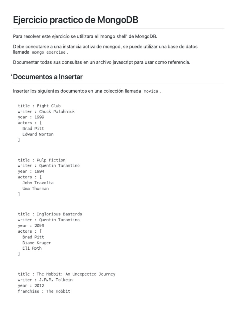 Ejercicio Práctico MongoDB: Consultas y Actualizaciones | PDF | Bilbo ...