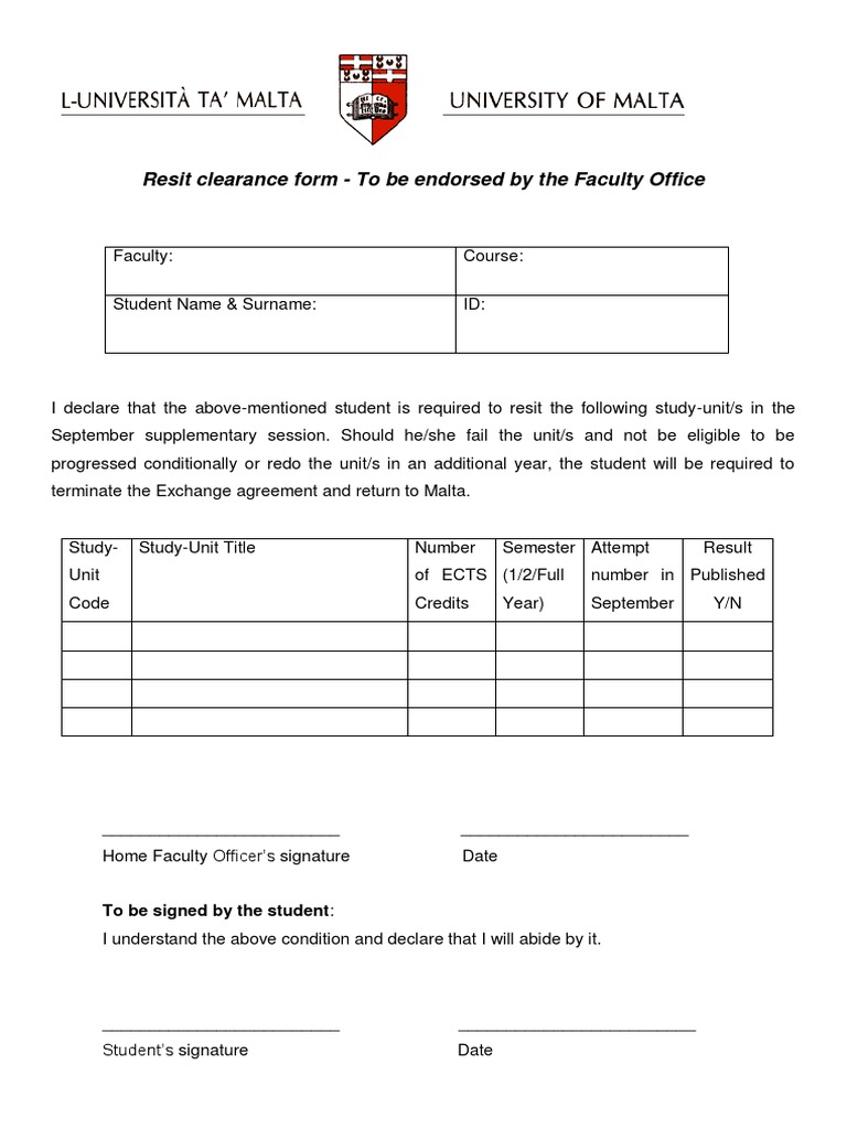 Resit Clearance Form - To Be Endorsed by The Faculty Office | PDF ...