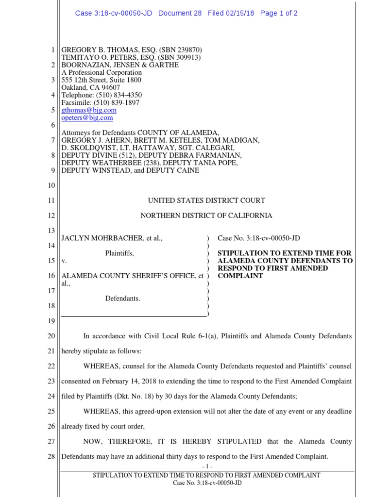 Stipulation To Extend Time For Alameda County Defendants To Respond To ...