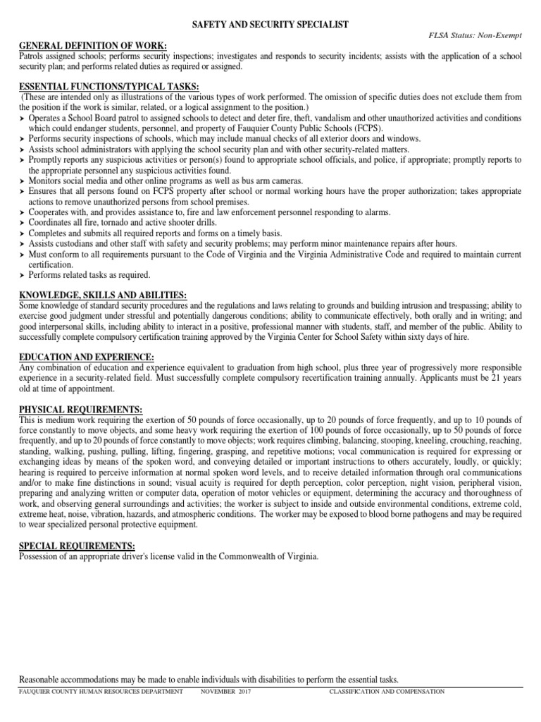 Safety and Security Specialist Job Description | PDF | Force | Perception