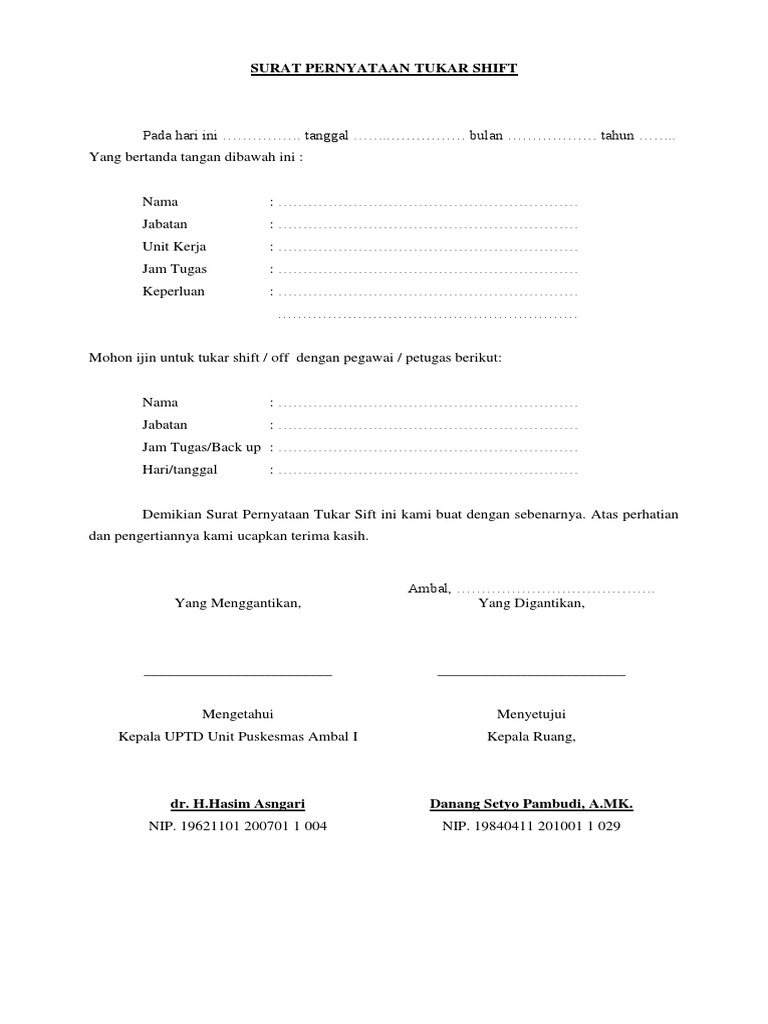 Surat Ijin Tukar Shift | PDF
