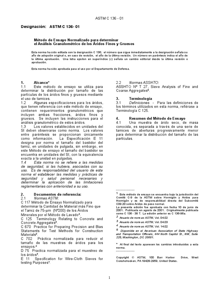 Astm C136-01 | PDF | Temperatura | Masa
