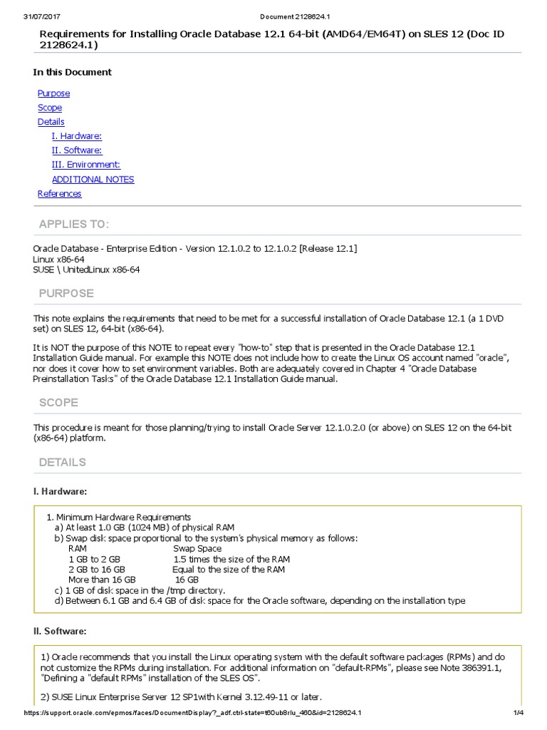 Requirements For Installing Oracle Database 12 1 64 Bit Amd64 Em64t On Sles 12 Pdf Oracle
