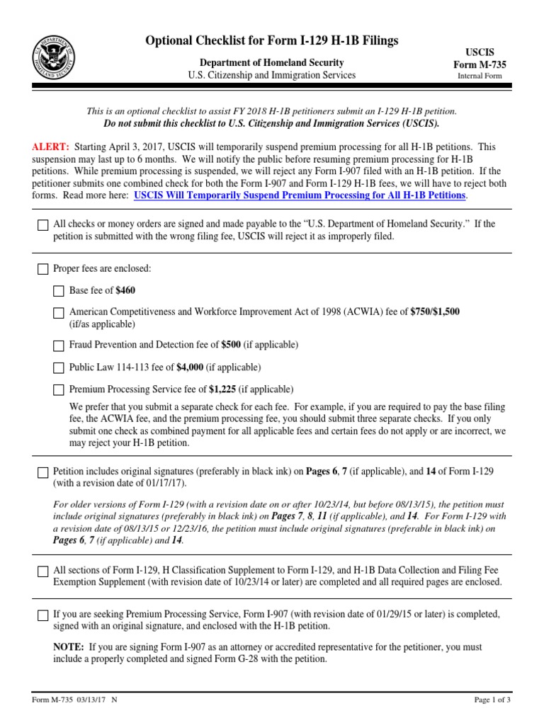 Optional Checklist For Form I-129 H-1B Filings | Download Free PDF | H ...