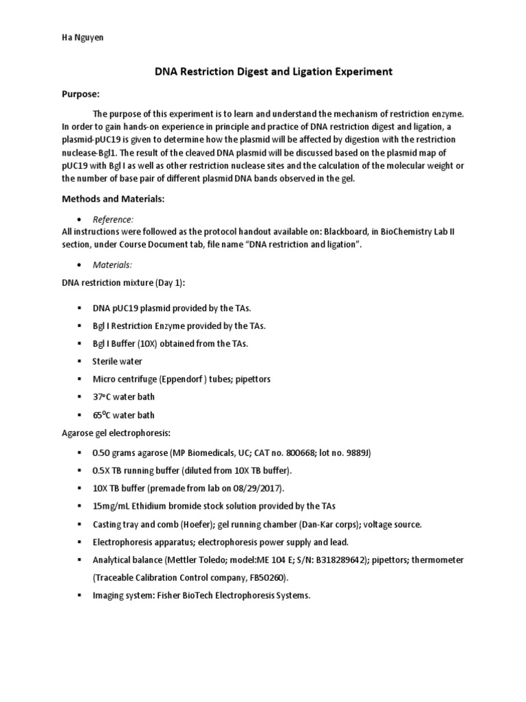 DNA Restriction Digest and Ligation Experiment: Purpose | PDF | Dna ...