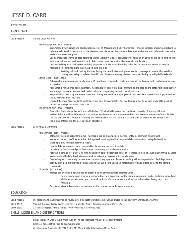 Jesse Carr Resume | PDF | United States Marine Corps | Infantry