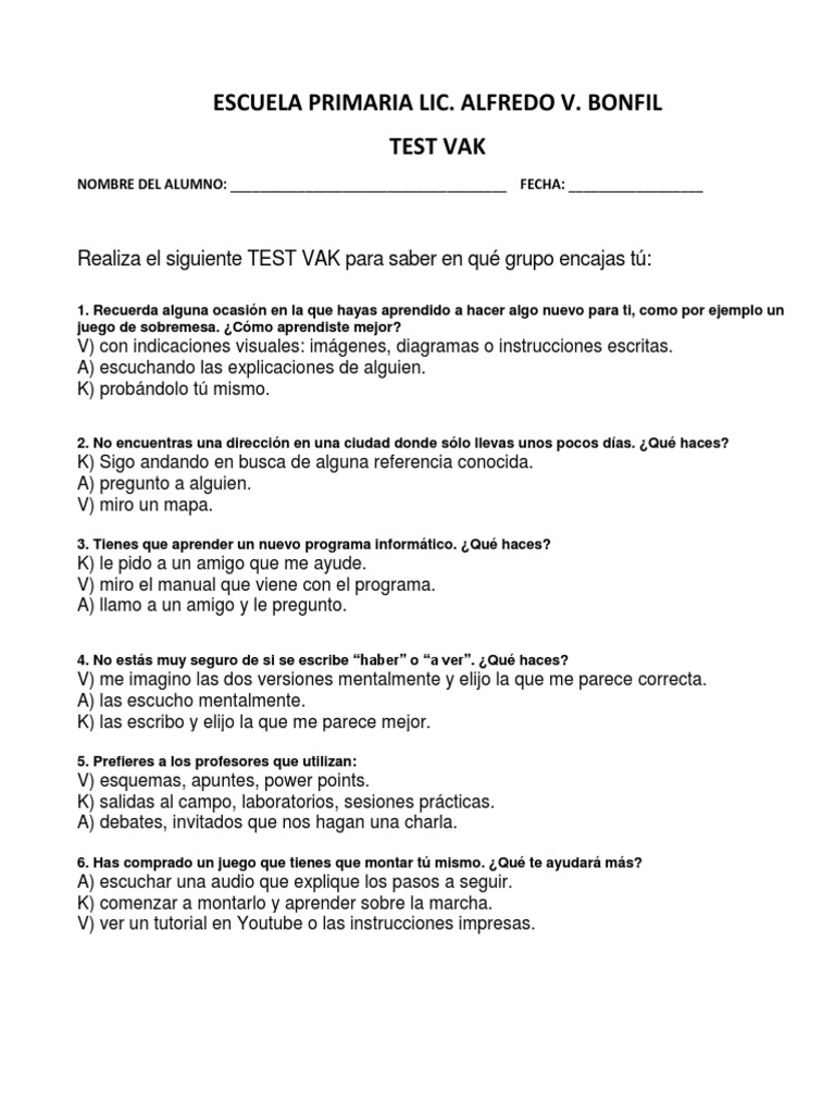 Test VAK | PDF | Aprendizaje | Ocio